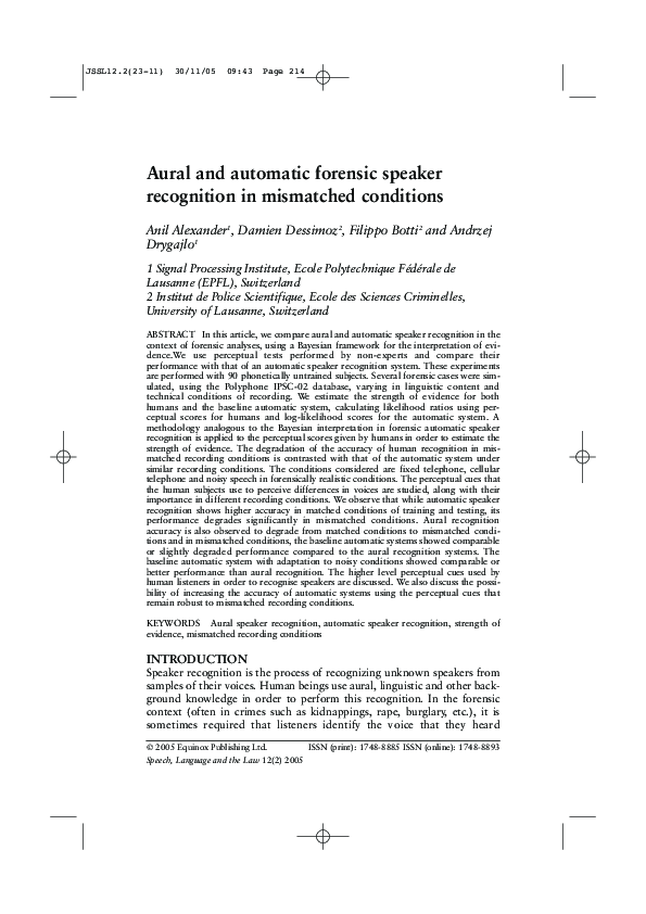 Pdf Aural And Automatic Forensic Speaker Recognition In Mismatched Conditions