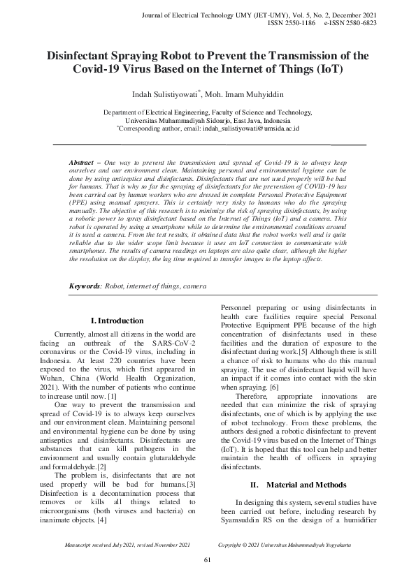 (PDF) Disinfectant Spraying Robot to Prevent the Transmission of the Covid-19 Virus Based on the ...