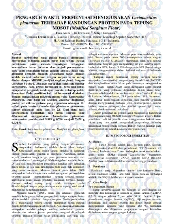(PDF) PENGARUH WAKTU FERMENTASI MENGGUNAKAN Lactobacillus plantarum TERHADAP KANDUNGAN PROTEIN ...