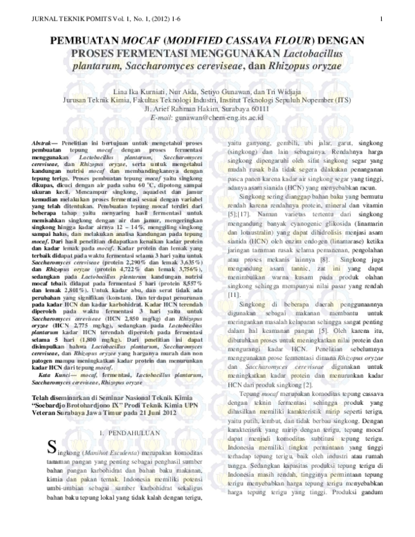 (PDF) Pembuatan Mocaf (Modified Cassava Flour) Dengan Proses Fermentasi ...