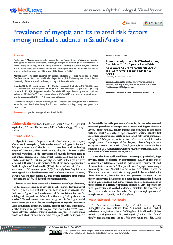 (PDF) Prevalence of Myopia and its Related Risk Factors among Medical ...