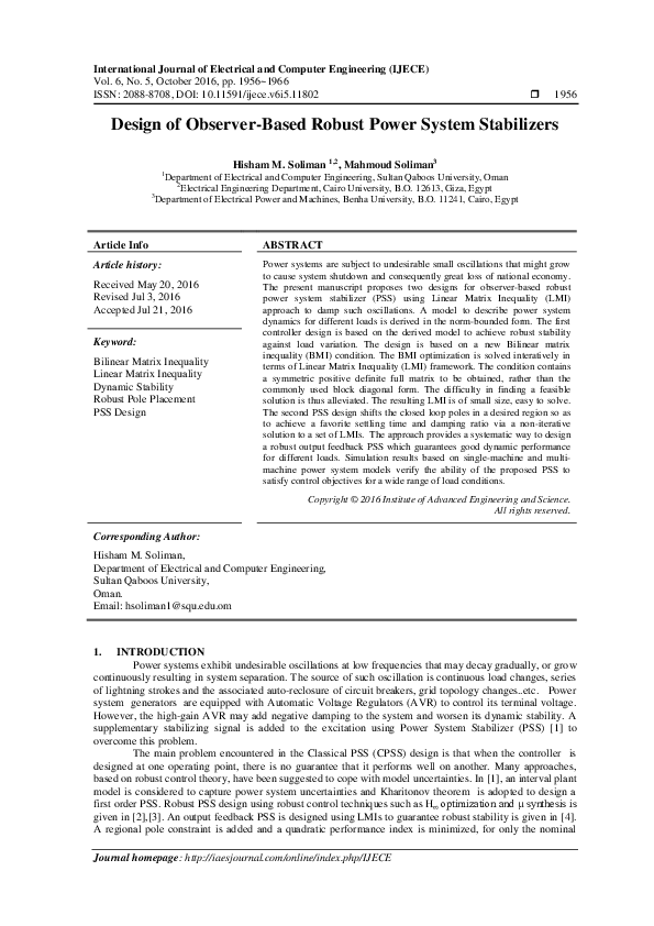 (PDF) Design of Observer-Based Robust Power System Stabilizers