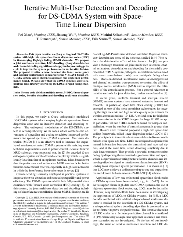 Pdf Iterative Multiuser Detection And Decoding For Ds Cdma System With Space Time Linear