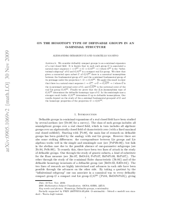 (PDF) On the homotopy type of definable groups in an o-minimal structure | Alessandro Berarducci ...