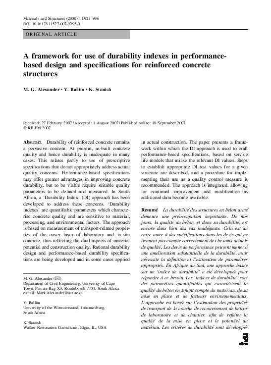 Pdf A Framework For Use Of Durability Indexes In Performance Based Design And Specifications