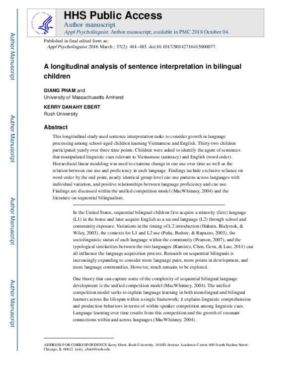 (PDF) A longitudinal analysis of sentence interpretation in bilingual ...