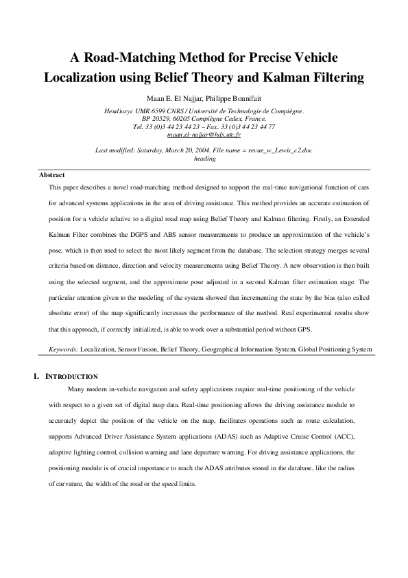 (PDF) A Road-Matching Method for Precise Vehicle Localization Using Belief Theory and Kalman ...