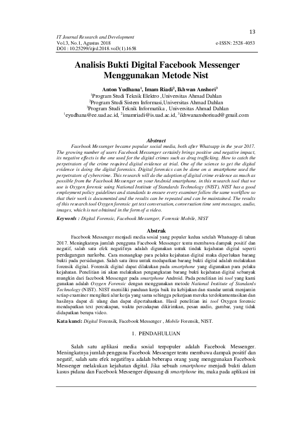 (PDF) Analisis Bukti Digital Facebook Messenger Menggunakan Metode Nist