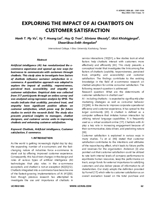(PDF) EXPLORING THE IMPACT OF AI CHATBOTS ON CUSTOMER SATISFACTION