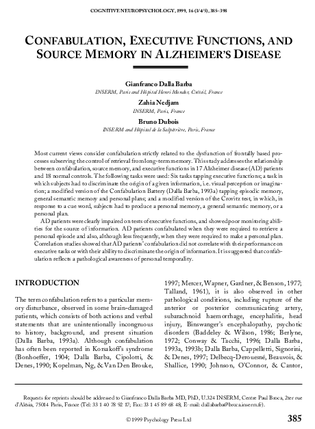 (PDF) Confabulation, executive functions, and source memory in ...