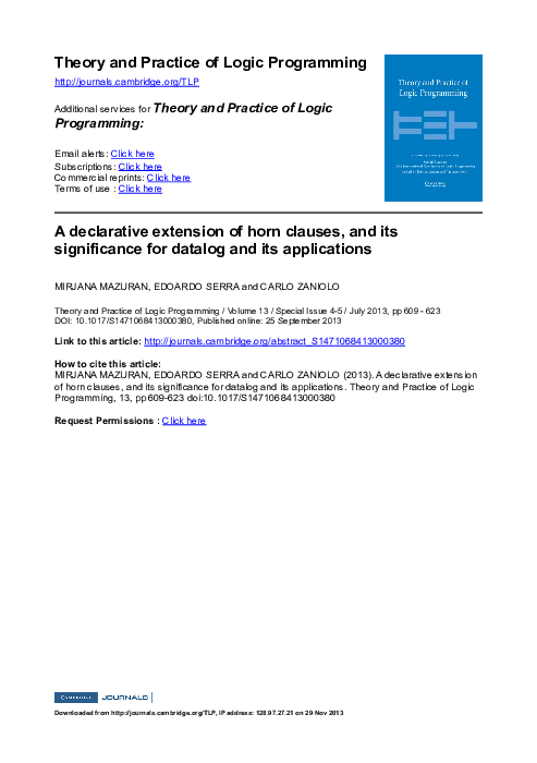 (PDF) A declarative extension of horn clauses, and its significance for datalog and its applications