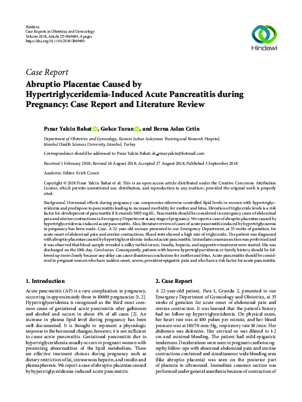 (PDF) Abruptio Placentae Caused by Hypertriglyceridemia-Induced Acute Pancreatitis during ...