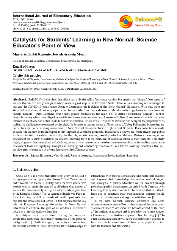 (PDF) Catalysts for Students’ Learning in New Normal: Science Educator ...