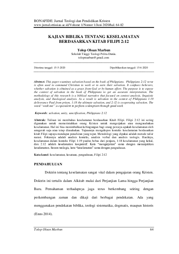 (PDF) Kajian Biblika Tentang Keselamatan Berdasarkan Kitab Filipi 2:12