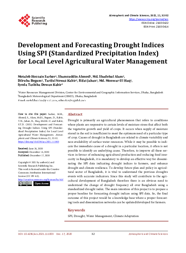(PDF) Development and Forecasting Drought Indices Using SPI (Standardized Precipitation Index ...