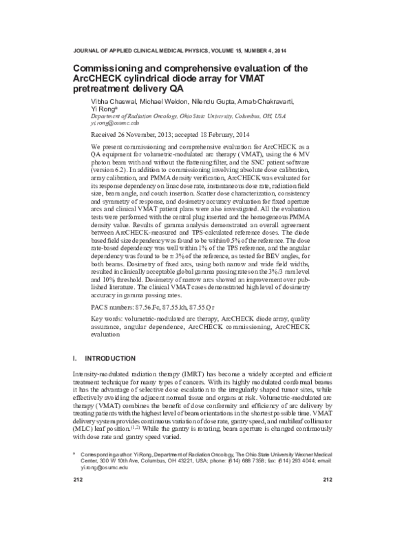 (PDF) Commissioning and comprehensive evaluation of the ArcCHECK cylindrical diode array for ...