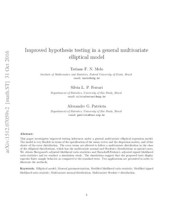Pdf Improved Hypothesis Testing In A General Multivariate Elliptical