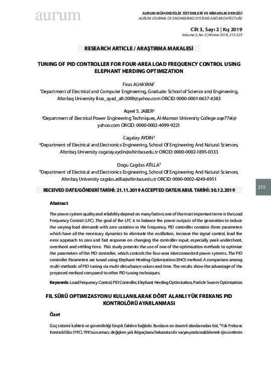 (PDF) Tuning of Pid Controller for Four-Area Load Frequency Control Using Elephant Herding ...