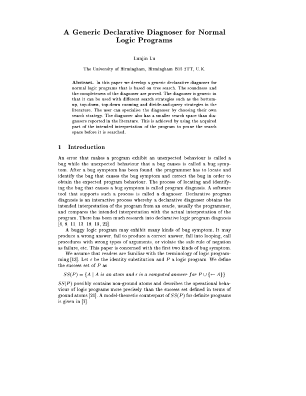 Pdf A Generic Declarative Diagnoser For Normal Logic Programs Lunjin Lu 