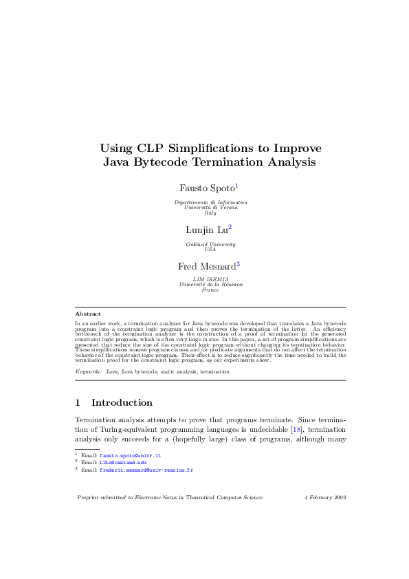(PDF) Using CLP Simplifications to Improve Java Bytecode Termination Analysis