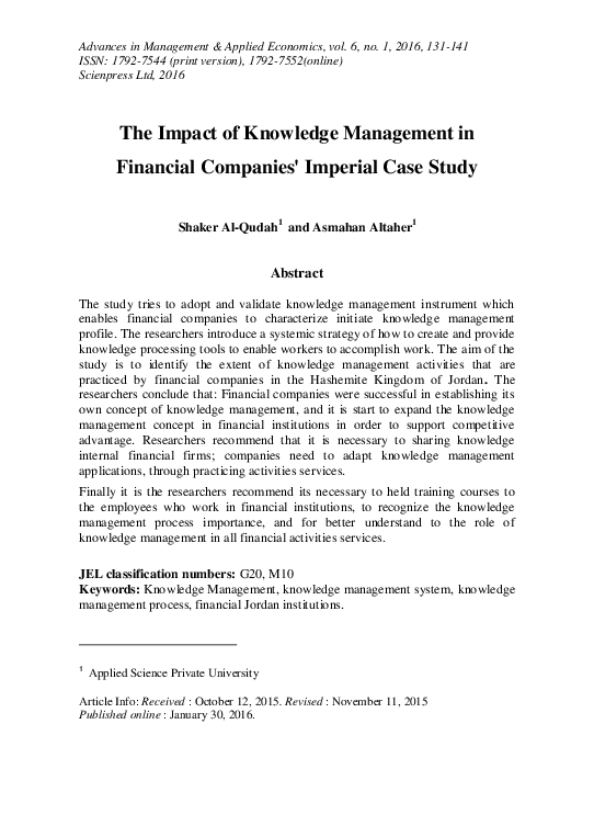 (PDF) The Impact of Knowledge Management in Financial Companies' Imperial Case Study