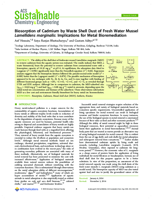 (PDF) Biosorption of Cadmium by Waste Shell Dust of Fresh Water Mussel ...