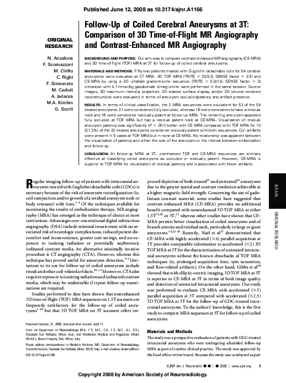 Pdf Follow Up Of Coiled Cerebral Aneurysms At 3t Comparison Of 3d