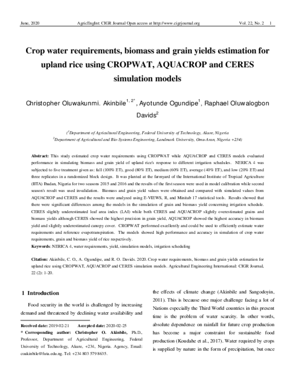 (PDF) Crop water requirements, biomass and grain yields estimation for ...