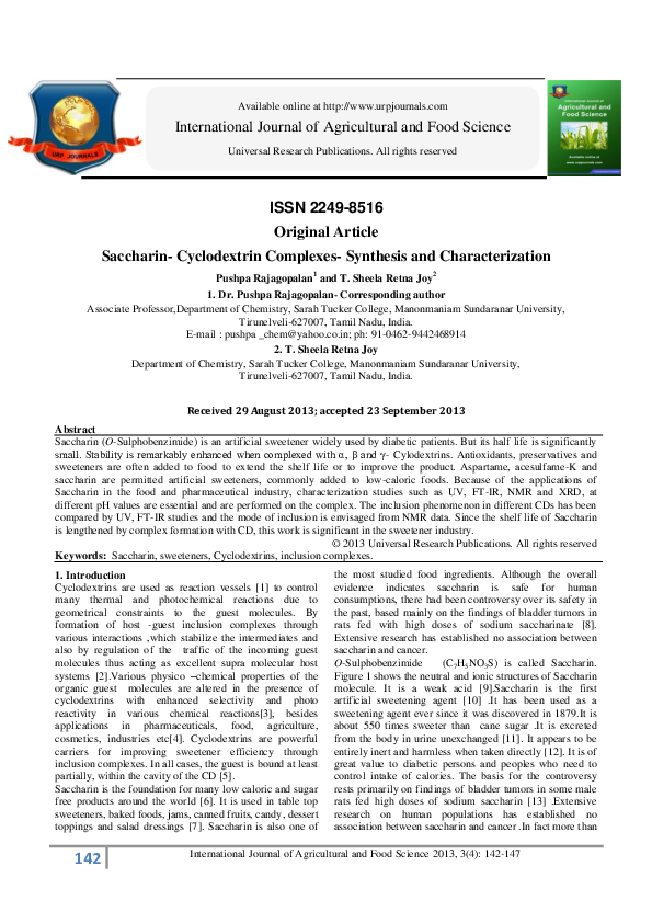 (PDF) Saccharin-Cyclodextrin Complexes-Synthesis and Characterization