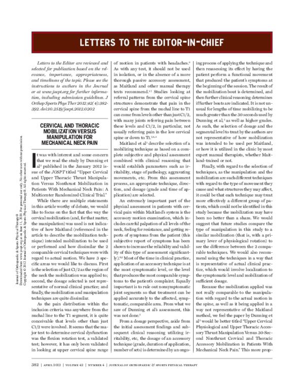 (PDF) Cervical and Thoracic Mobilization Versus Manipulation for ...