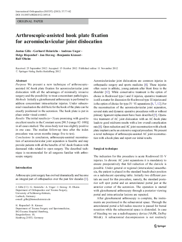 (PDF) Arthroscopic-assisted hook plate fixation for acromioclavicular ...
