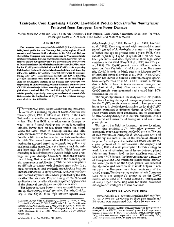 (PDF) Transgenic Corn Expressing a Cry9C Insecticidal Protein from ...