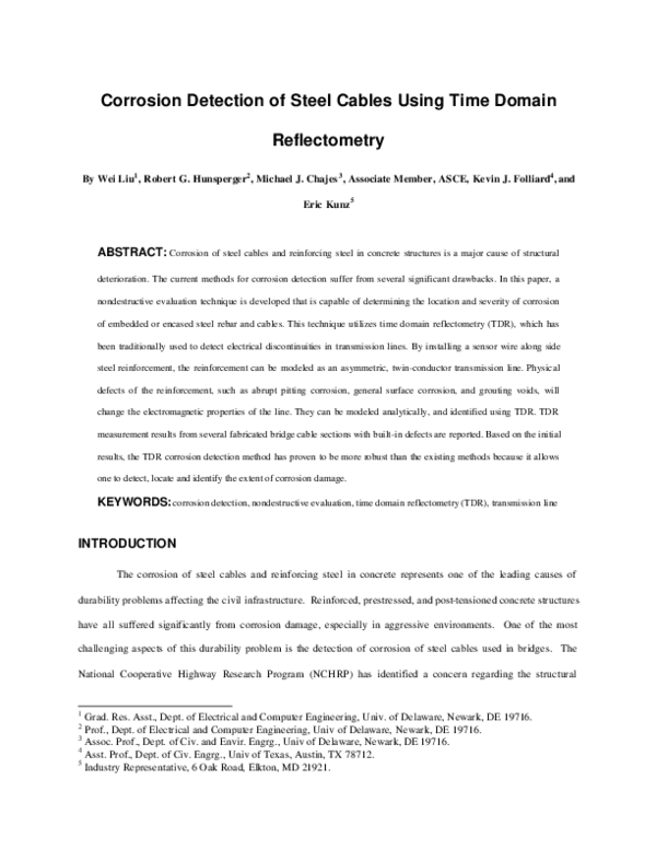 Pdf Corrosion Detection Of Steel Cables Using Time Domain Reflectometry