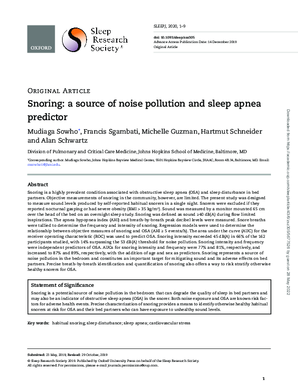 (PDF) Snoring: A Source of Noise Pollution and Sleep Apnea Predictor