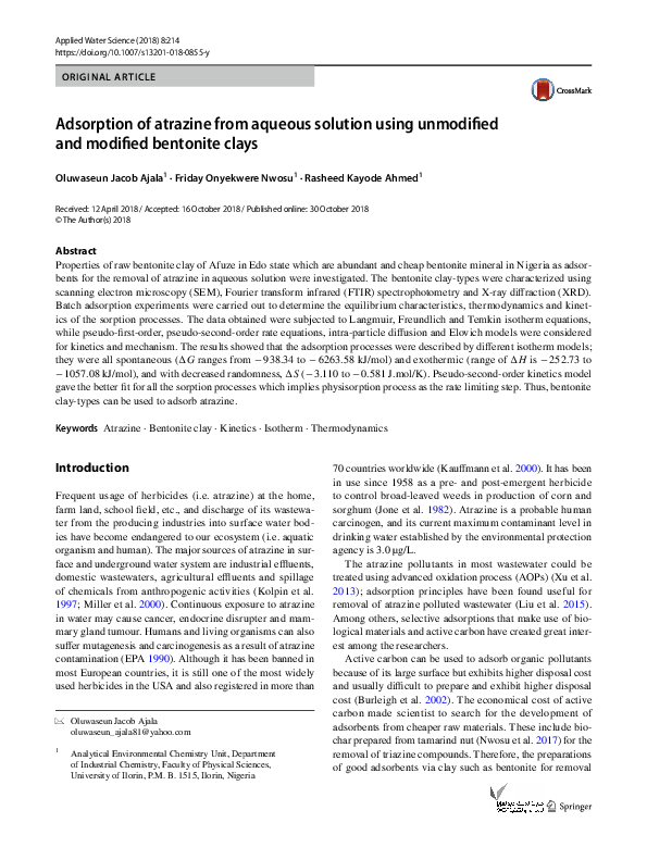 (PDF) Adsorption of atrazine from aqueous solution using unmodified and modified bentonite clays