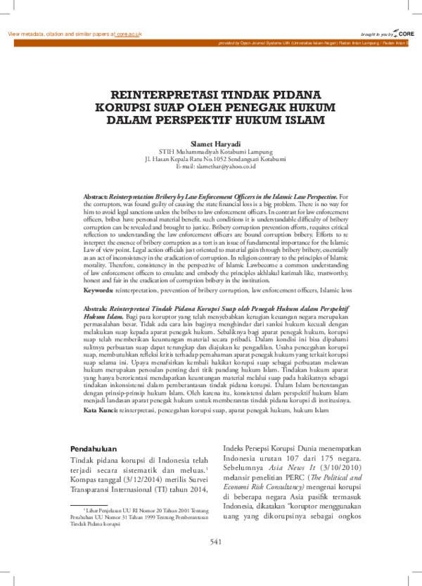 (PDF) Reinterpretasi Tindak Pidana Korupsi Suap Oleh Penegak Hukum Dalam Perspektif Hukum Islam