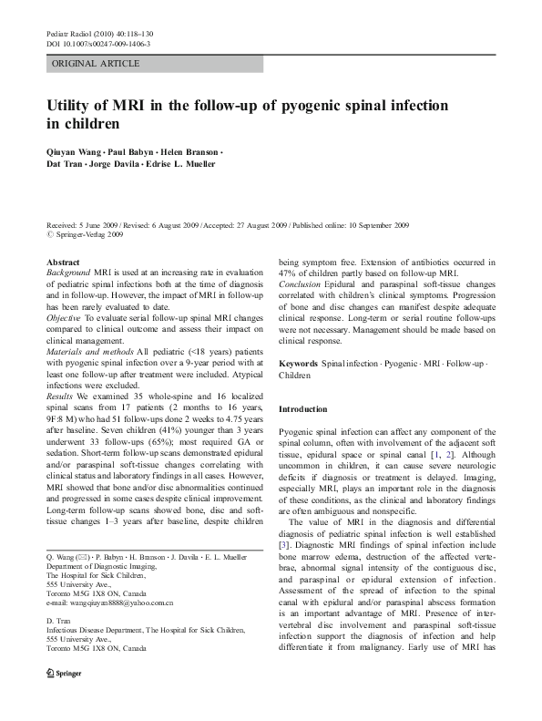 (PDF) Utility of MRI in the follow-up of pyogenic spinal infection in ...