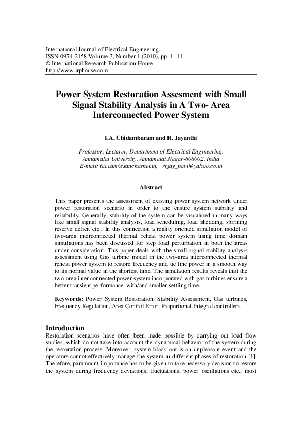 (PDF) Power System Restoration Assesment with Small Signal Stability Analysis in A Two-Area ...