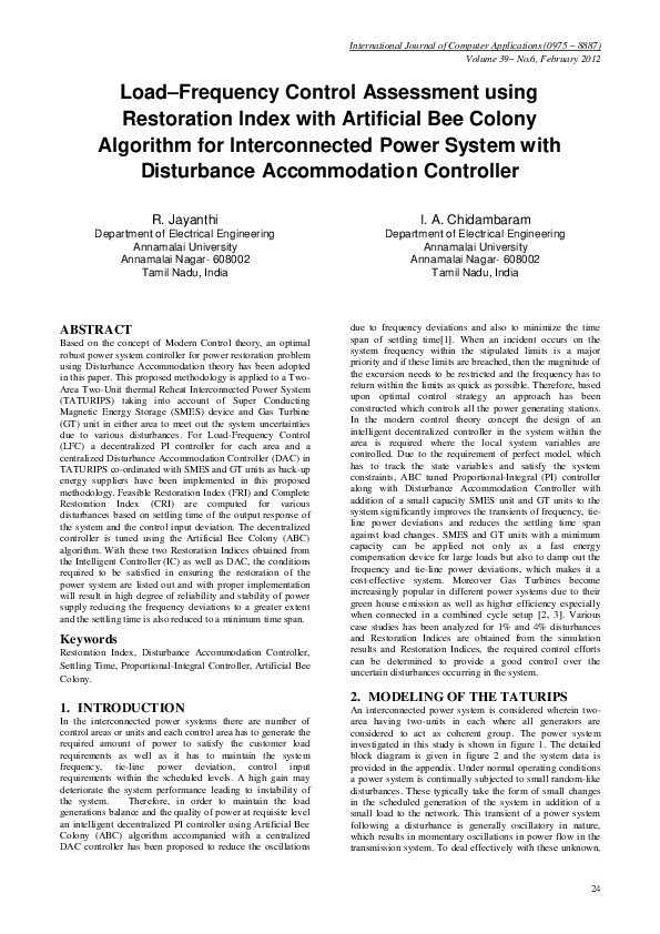 (PDF) Load-Frequency control Assessment using Restoration index with Artifical Bee colony ...