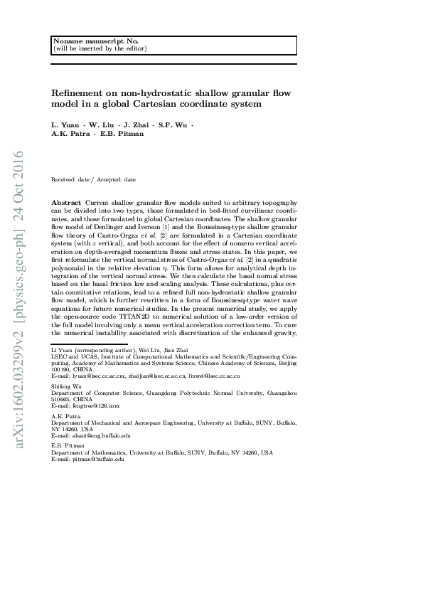Pdf Refinement Of Shallow Granular Flow Model In Cartesian Coordinates