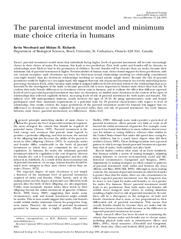 (PDF) The parental investment model and minimum mate choice criteria in ...