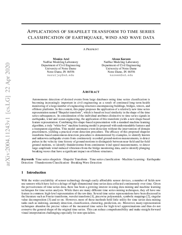 Pdf Applications Of Shapelet Transform To Time Series Classification Of Earthquake Wind And