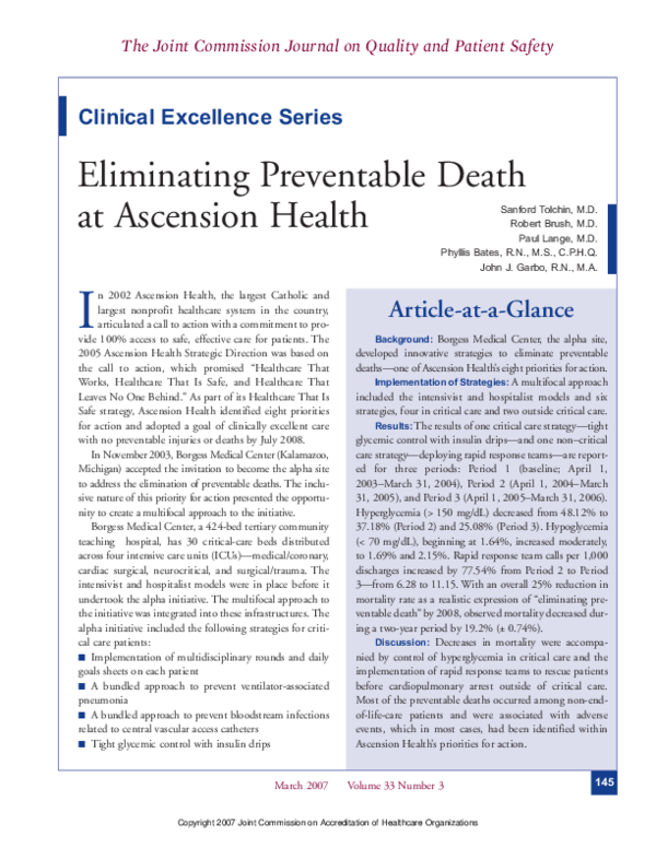 (PDF) Eliminating Preventable Death at Ascension Health