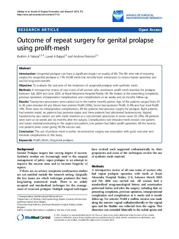 (PDF) Outcome of repeat surgery for genital prolapse using prolift-mesh