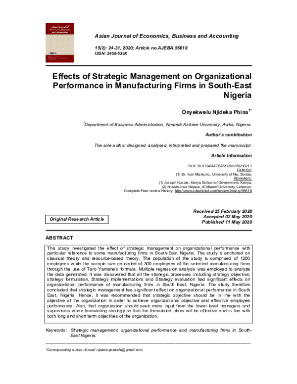 (PDF) Effects of Strategic Management on Organizational Performance in Manufacturing Firms in ...