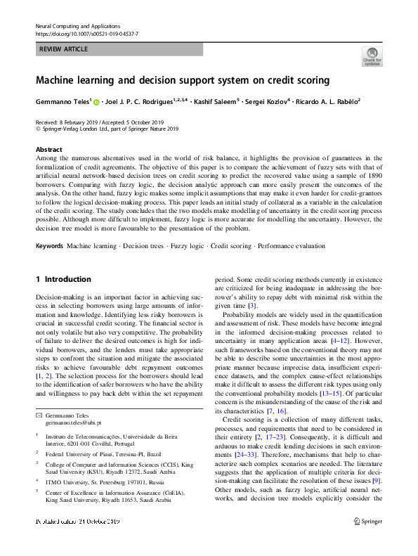 (PDF) Machine learning and decision support system on credit scoring