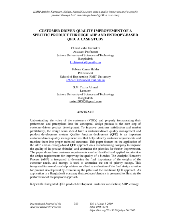 (PDF) Customer Driven Quality Improvement of a Specific Product Through ...