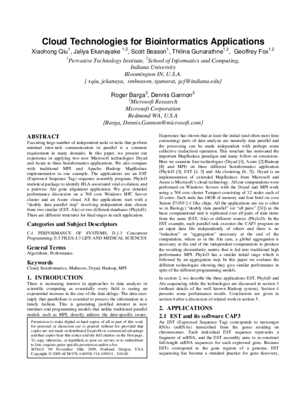 Pdf Cloud Technologies For Bioinformatics Applications Dennis