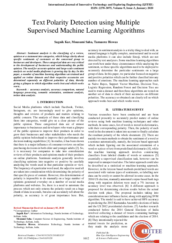 (PDF) Text Polarity Detection using Multiple Supervised Machine Learning Algorithms