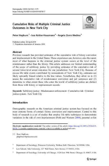 (PDF) Cumulative Risks of Multiple Criminal Justice Outcomes in New ...